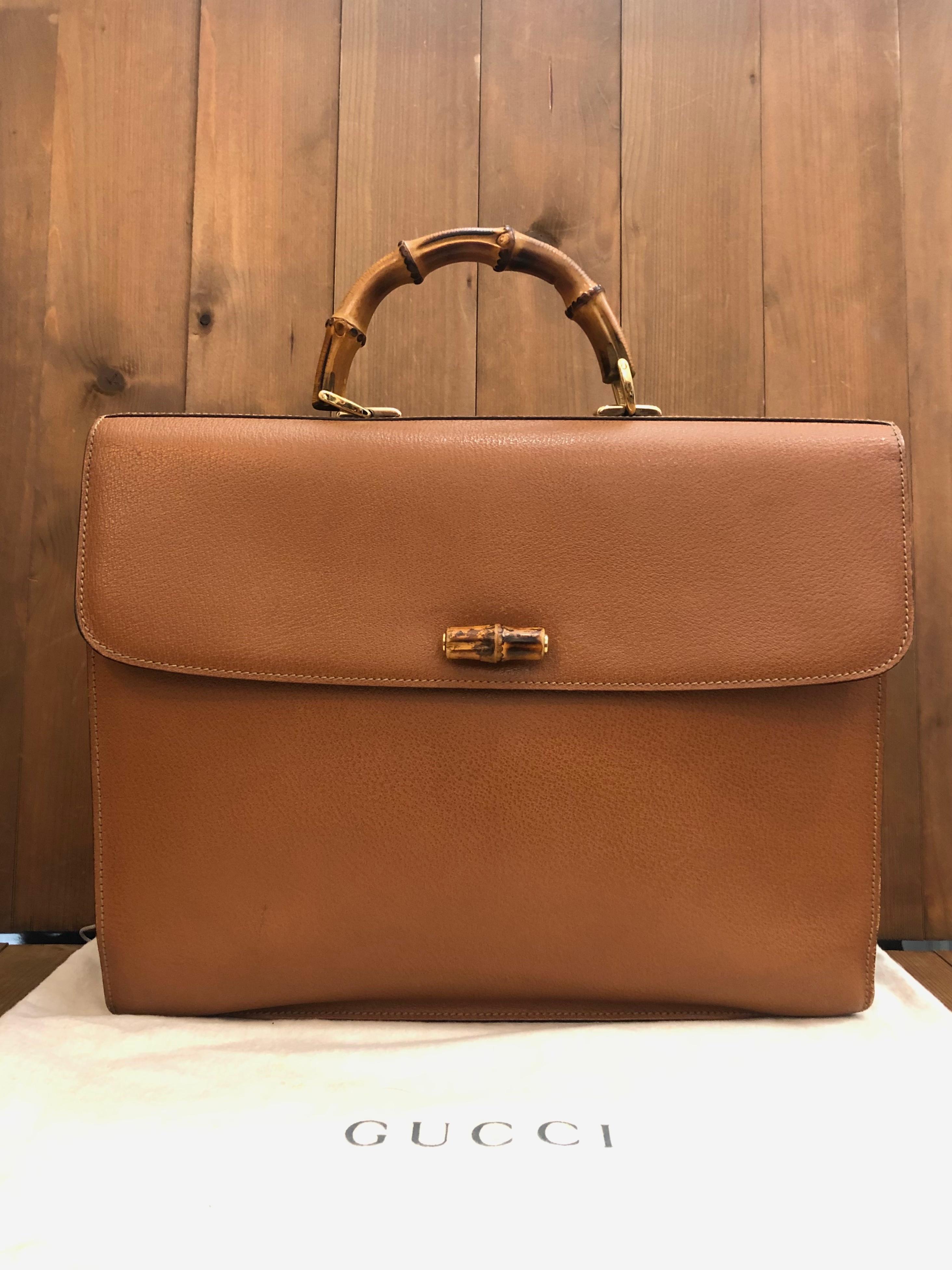 1990s Vintage GUCCI Bamboo Document Tote Bag Briefcase Leather Caramel ...
