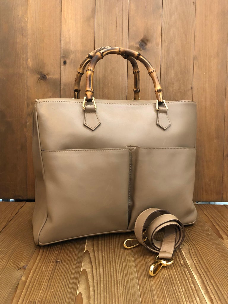 1990s Vintage GUCCI Calf Leather Bamboo Tote Khanki Document For Sale ...