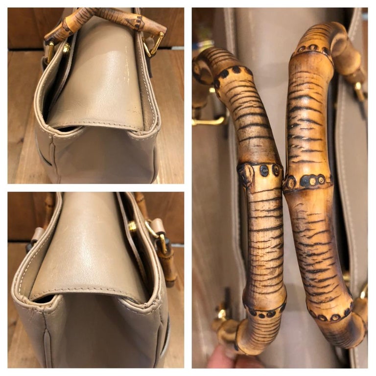 1990s Vintage GUCCI Calf Leather Bamboo Tote Khanki Document For Sale ...