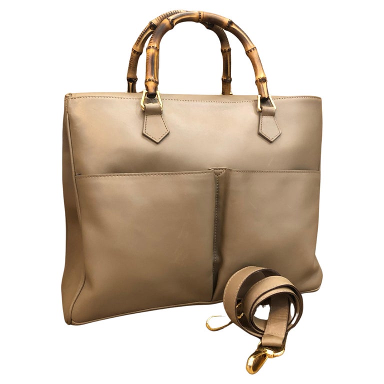 1990s Vintage GUCCI Calf Leather Bamboo Tote Khanki Document For Sale ...