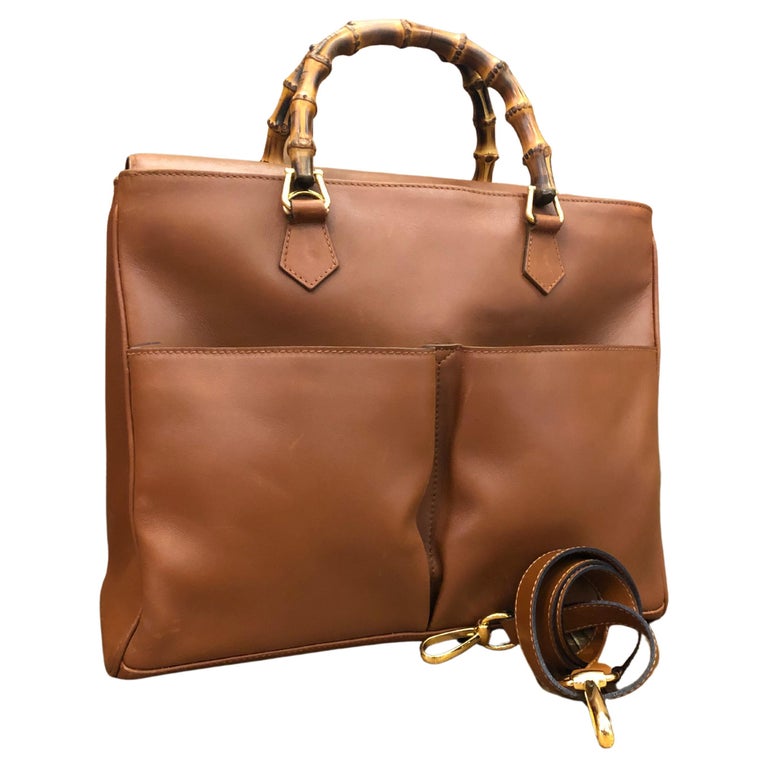 1990s Vintage GUCCI Calf Leather Bamboo Tote Tan Document Tote Bag For ...