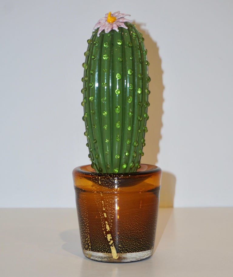 1990s Vintage Italian Green Murano Glass Tall Cactus Plant with Pink ...