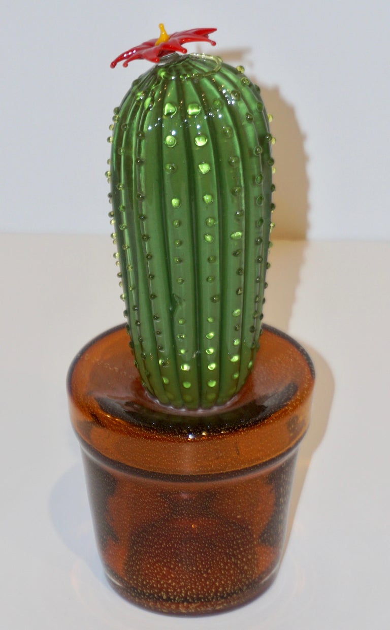 1990s Vintage Italian Green Murano Glass Tall Cactus Plant with Red ...