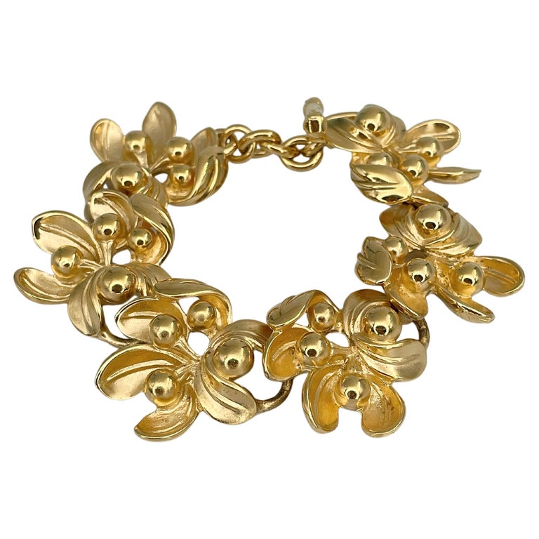 1990s Vintage Lanvin Gold Tone Floral Design Bracelet For Sale at 1stDibs