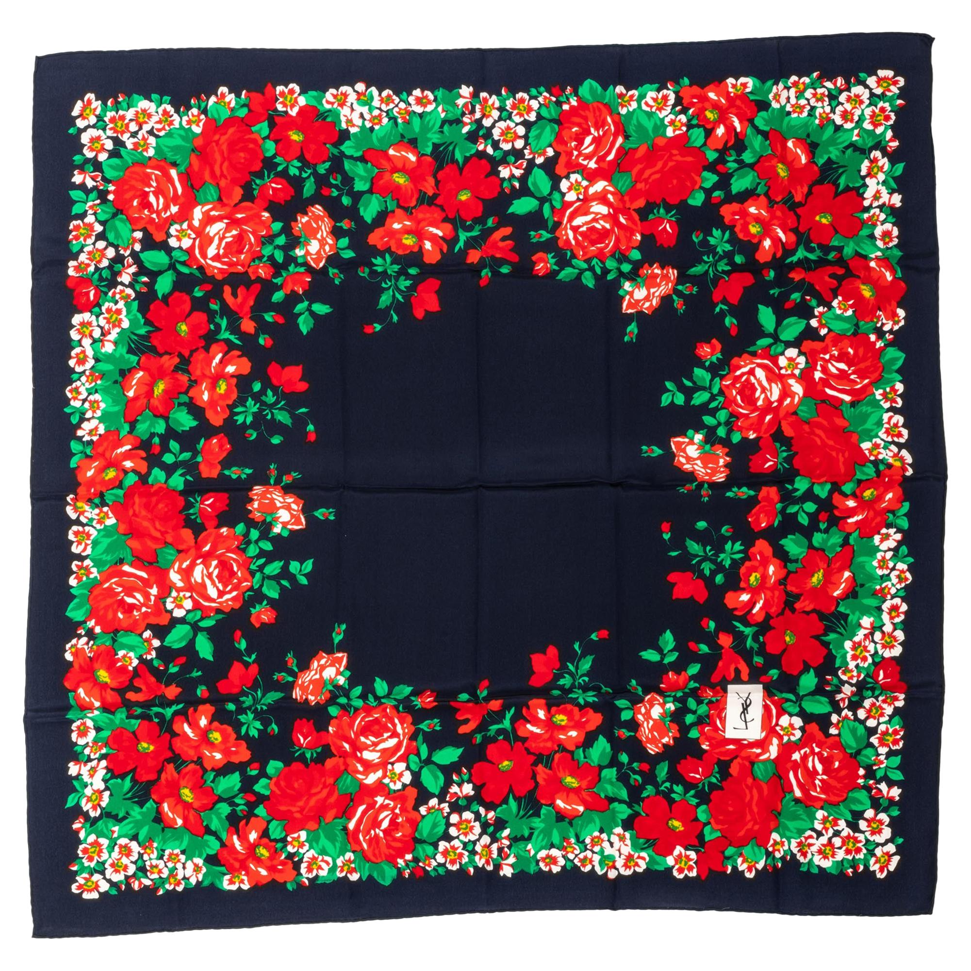 1990's Vintage Yves Saint Laurent YSL Black and Red Silk Flowers Scarf ...
