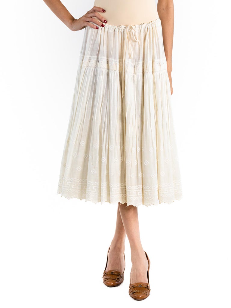 1990S White Cotton Drawstring Embroidered Skirt For Sale at 1stDibs