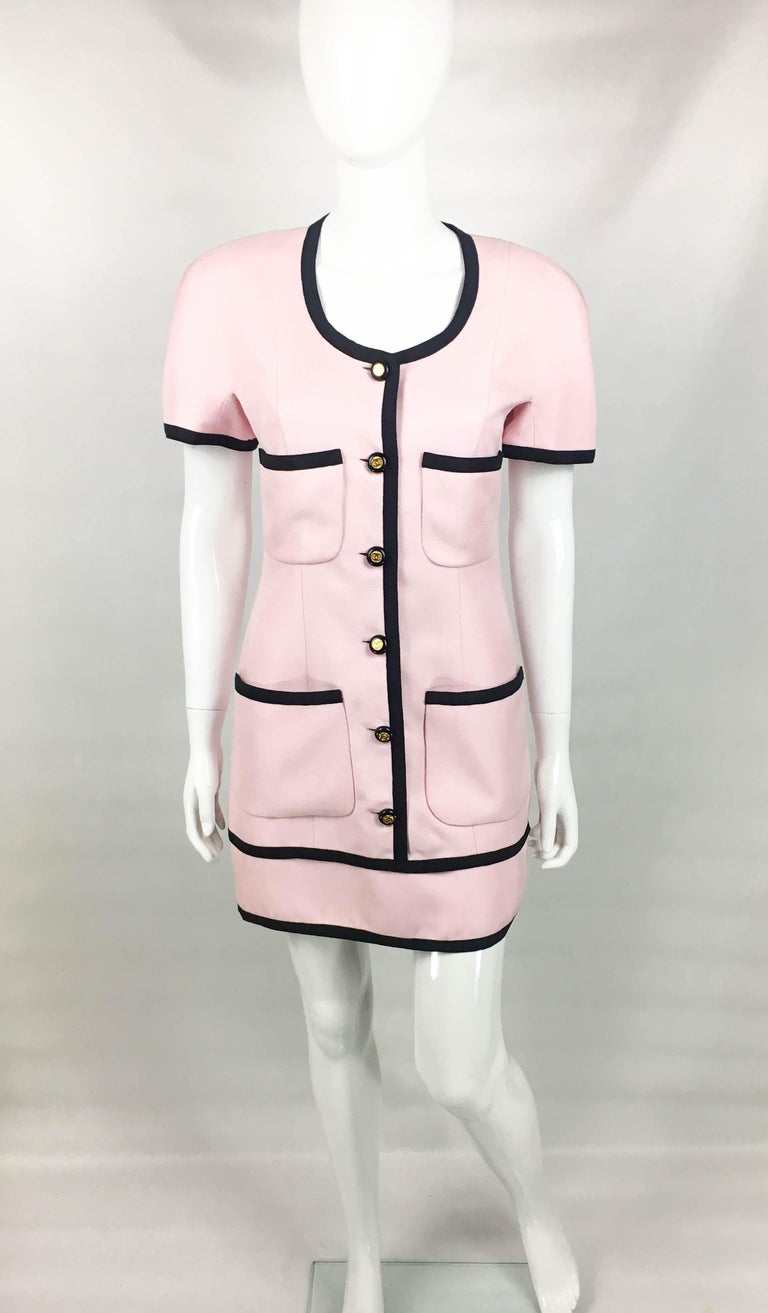1991 Chanel Pink Short Dress With Logo Buttons at 1stDibs