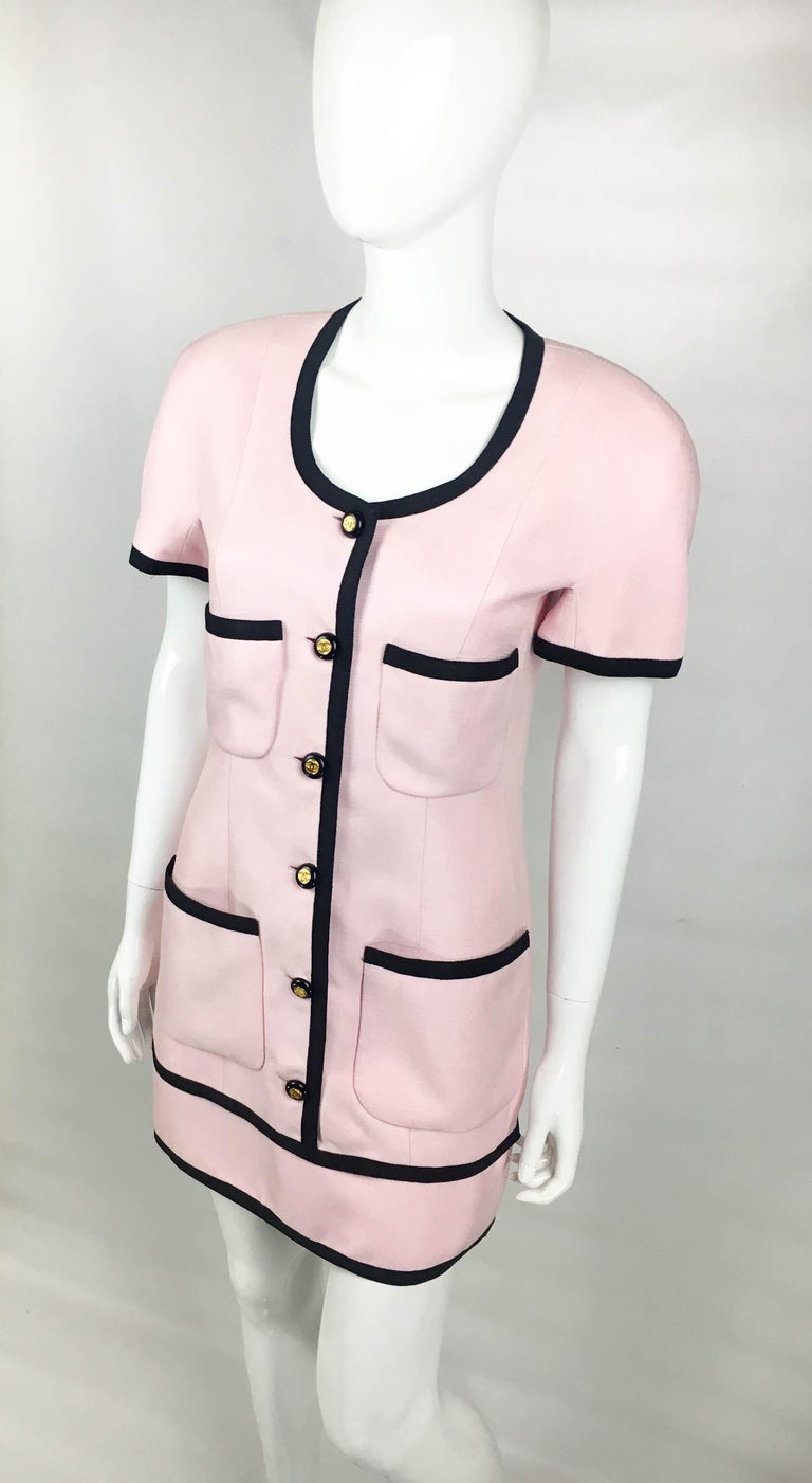 1991 Chanel Pink Short Dress With Logo Buttons at 1stDibs
