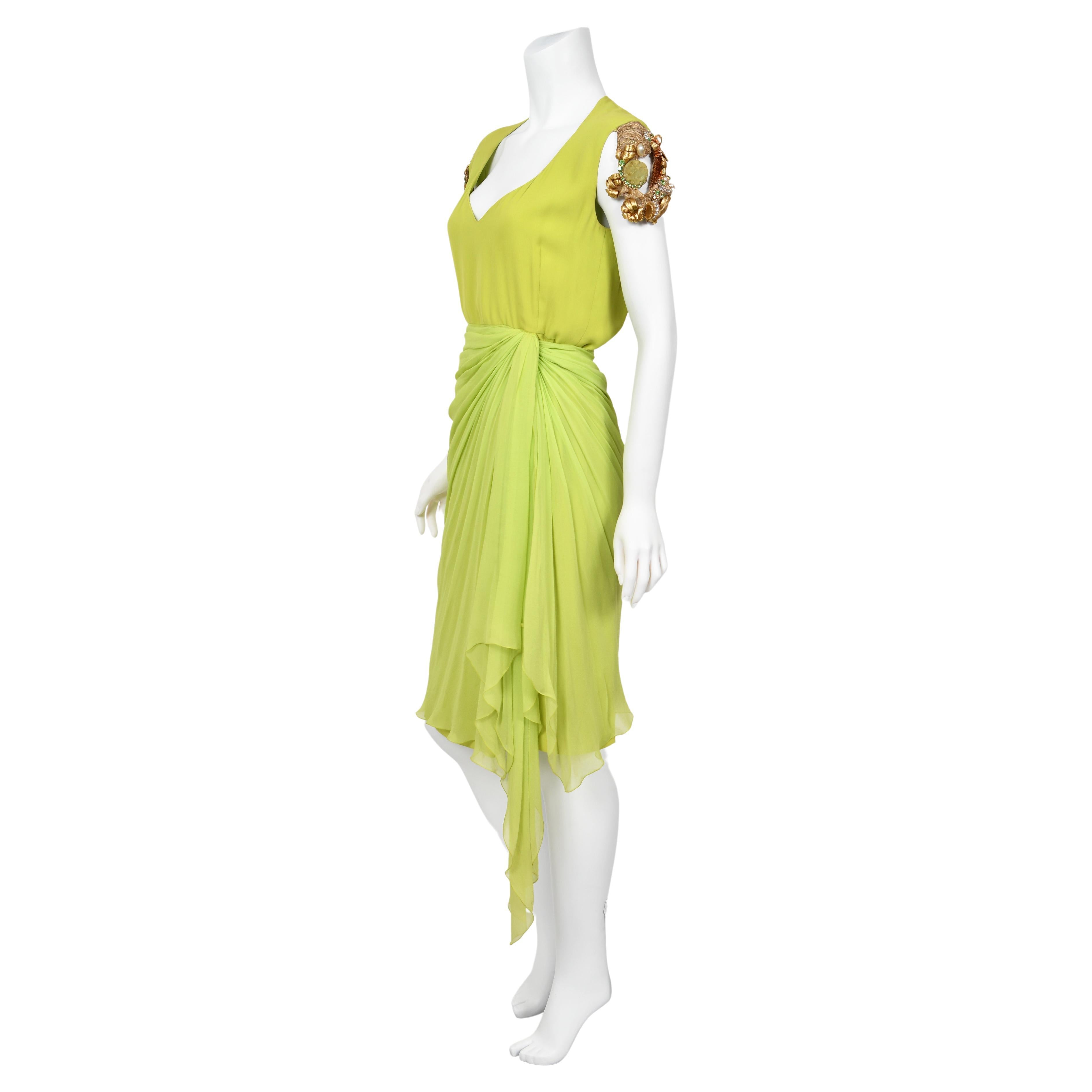 1991 Christian Dior Demi-Couture Chartreuse Silk Metallic Beaded Draped ...