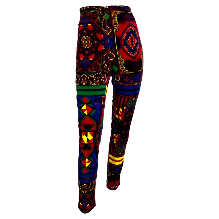 1991 Gianni Versace Multicolor Print Stretch Velvet Pants For Sale at ...