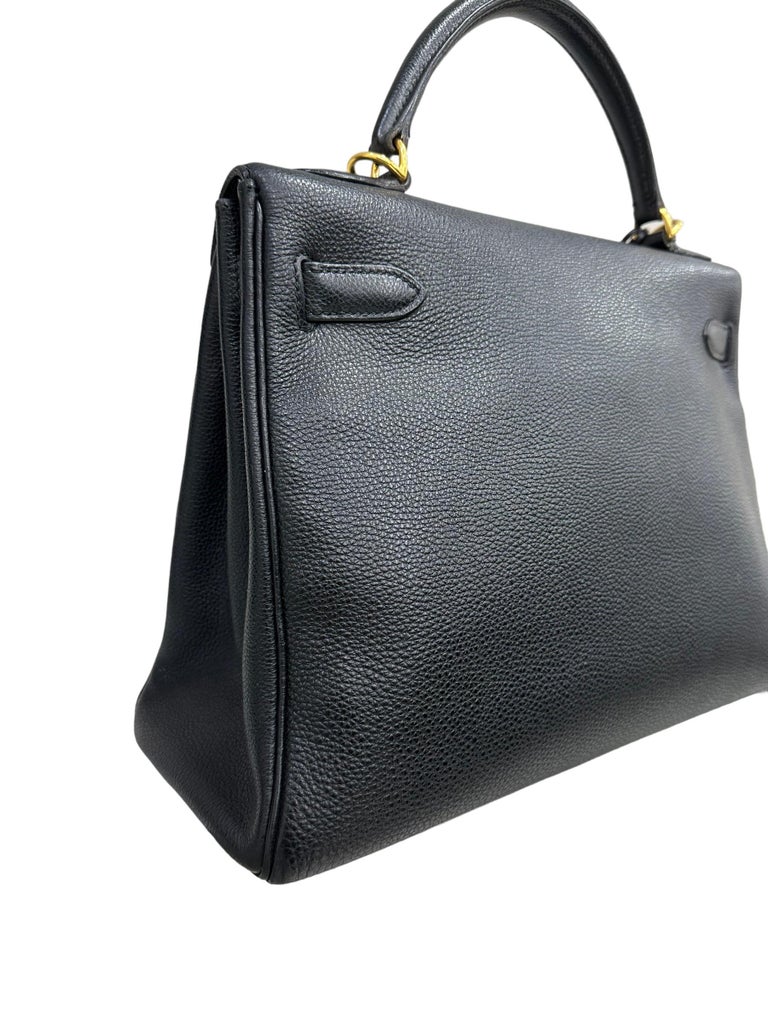 1991 Hermès Kelly 32 Box Calf Noir Top Handle Bag For Sale at 1stDibs