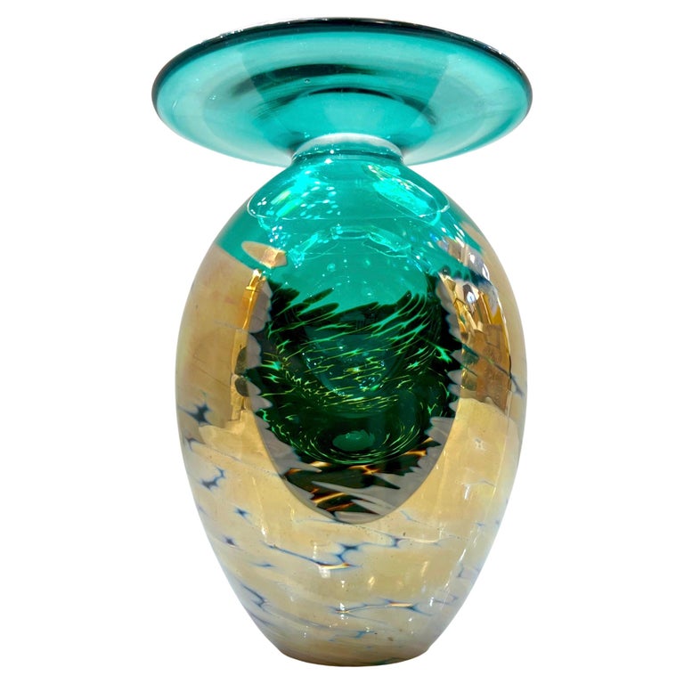 1991 Italian Murano Art Glass Green Gold Sommerso Single Flower Oval ...
