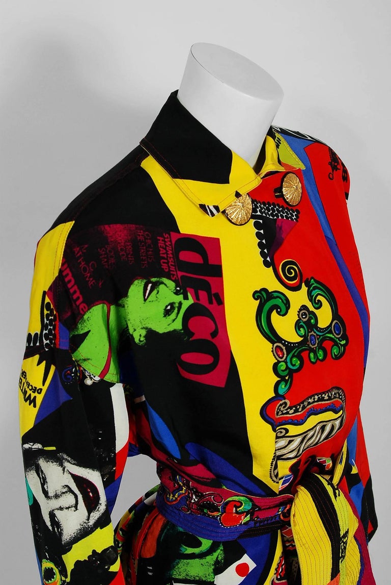 Vintage 1991 Versace Couture Colorful Vogue Print Reversible Belted ...