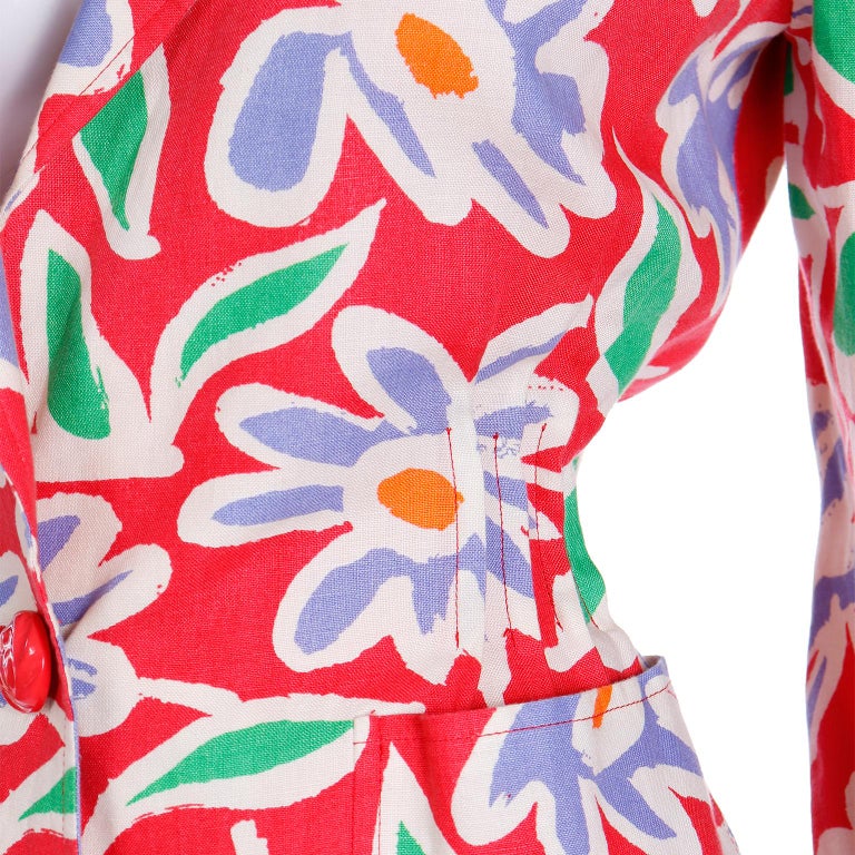 1992 Emanuel Ungaro Parallele Red Blue and Green Floral Linen Blazer ...