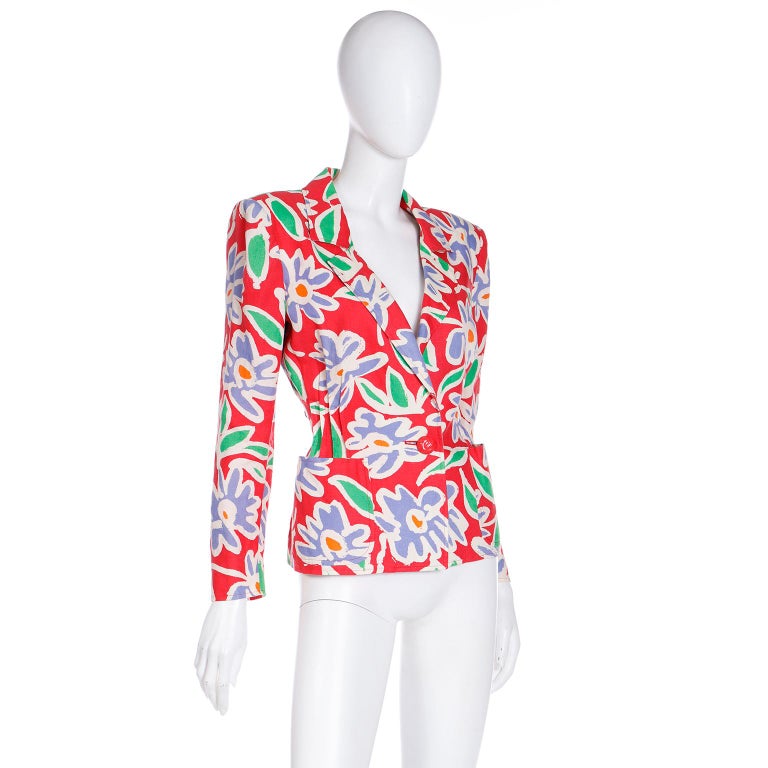 1992 Emanuel Ungaro Parallele Red Blue and Green Floral Linen Blazer ...