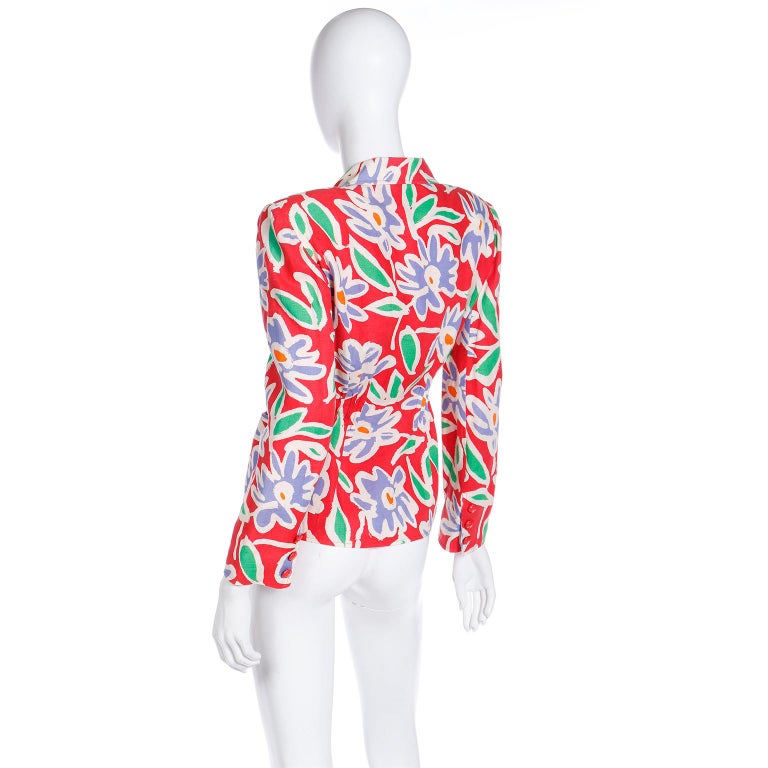 1992 Emanuel Ungaro Parallele Red Blue and Green Floral Linen Blazer ...
