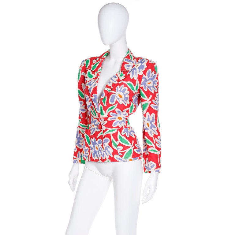 1992 Emanuel Ungaro Parallele Red Blue and Green Floral Linen Blazer ...