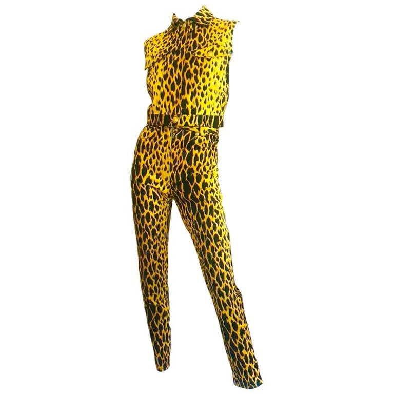 1992 Gianni Versace Denim Leopard Vest and Jeans For Sale at 1stDibs