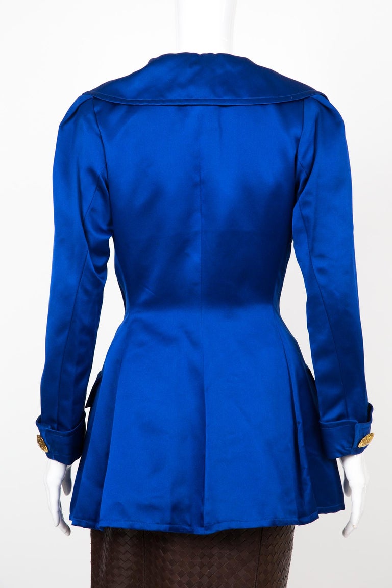 1992 YSL Yves Saint Laurent Blue Silk Long Jacket For Sale at 1stDibs