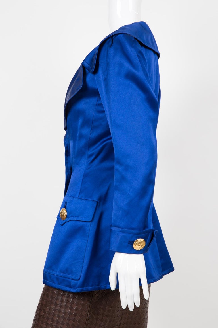 1992 YSL Yves Saint Laurent Blue Silk Long Jacket For Sale at 1stDibs
