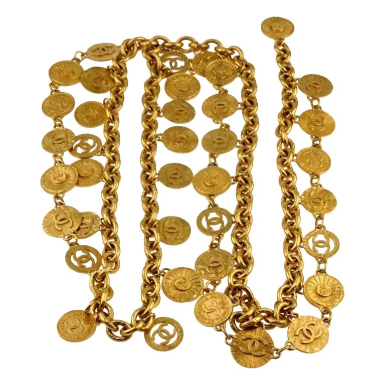 1993 ICONIC CHANEL Logo Coin Medallion Charm Multi Layer Chain Necklace ...