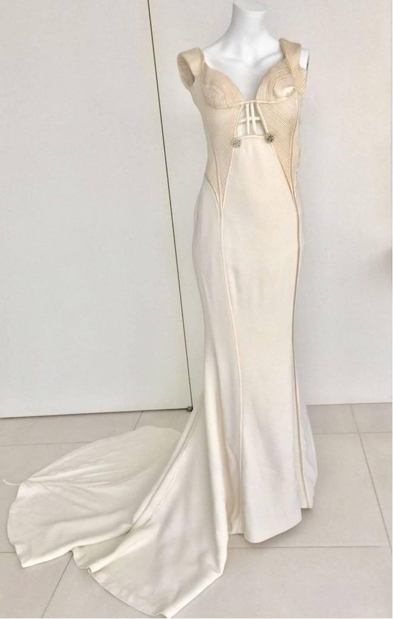 1994 Atelier Versace Ivory Silk Evening Long Dress with Christal ...