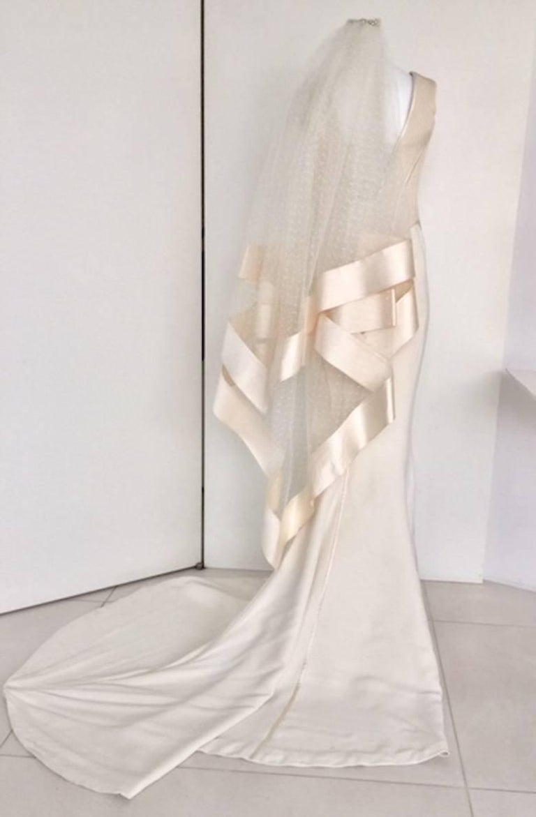 1994 Atelier Versace Ivory Silk Evening Long Dress with Christal ...