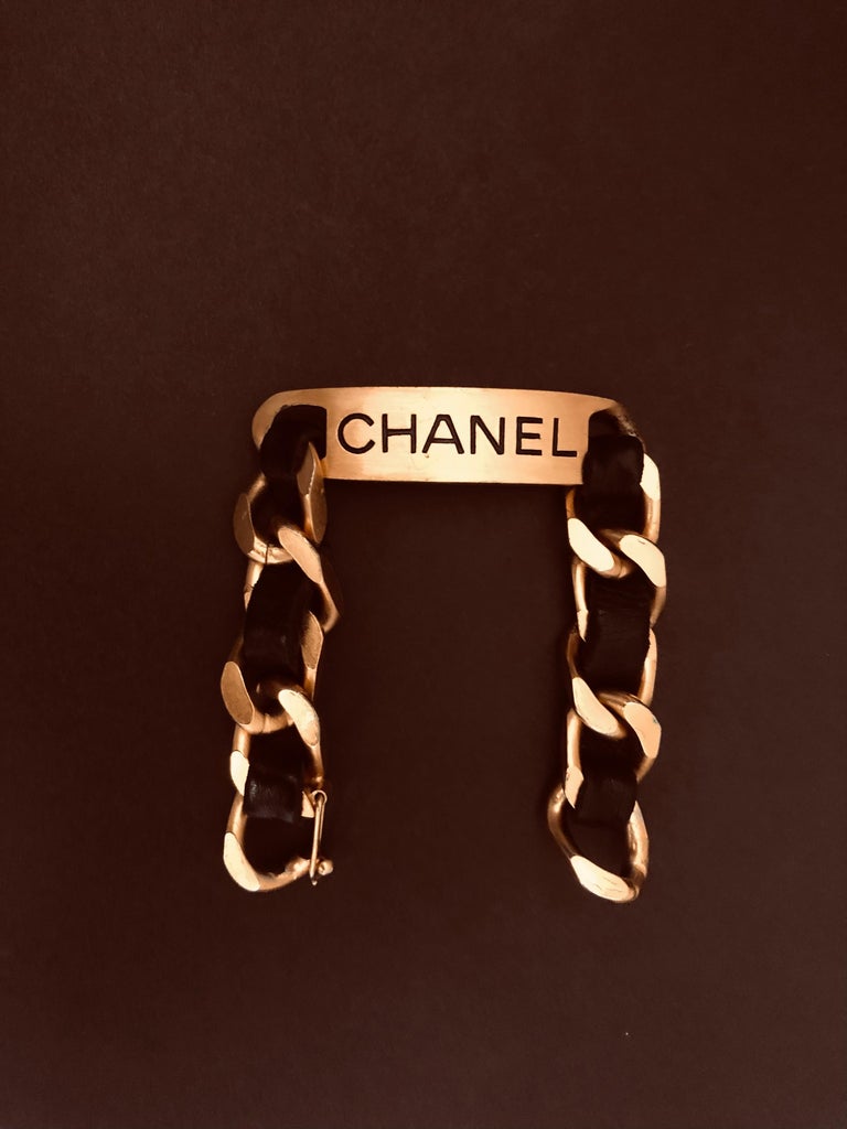 Vintage CHANEL Gold Toned Leather Chain Link Bracelet Unisex Mens For ...