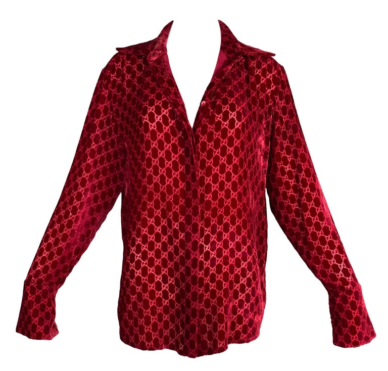 1997 Gucci by Tom Ford Sheer Red Velvet Logo Monogram Blouse Top at ...