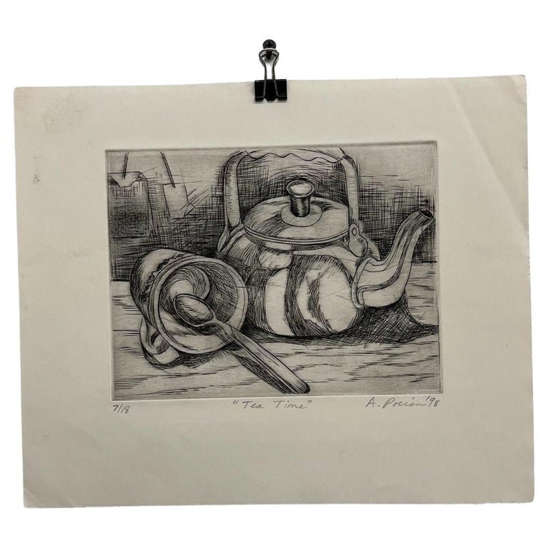 1998 Alina D. Pocian Woodblock Etching Artwork Titled Tea Time 7/18 For Sale at 1stDibs