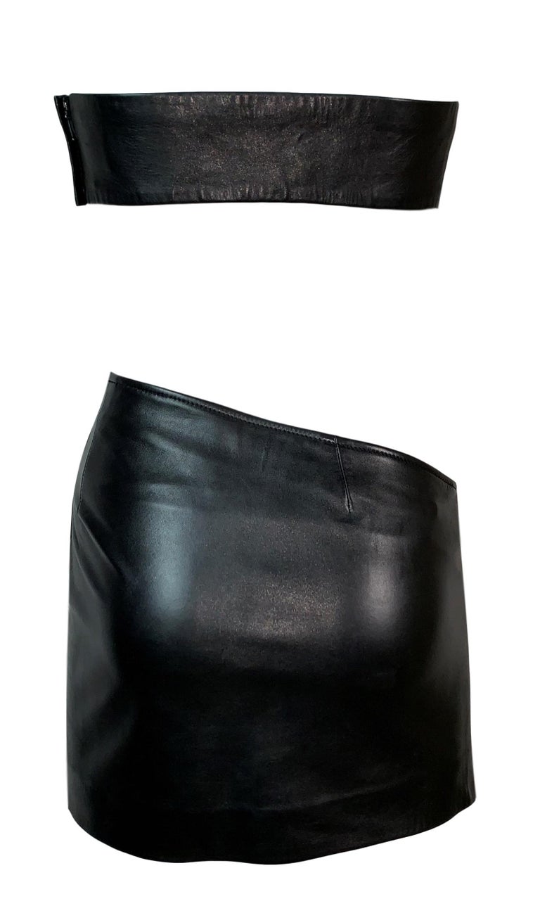 1998 Gucci by Tom Ford Black Leather Asymmetrical Mini Skirt and Tube ...