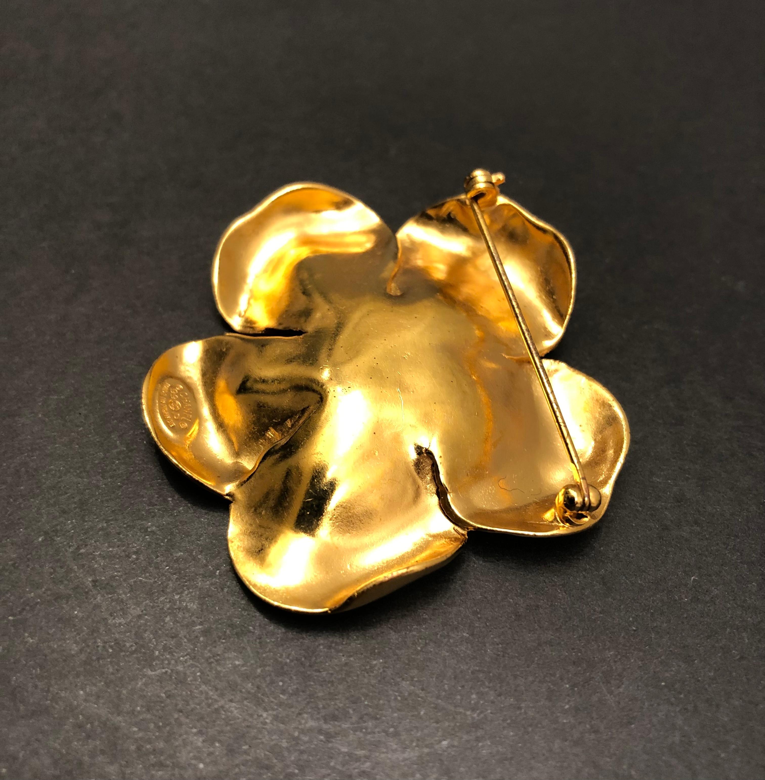 1999 Vintage CHANEL Gold Toned Camellia Brooch For Sale at 1stDibs