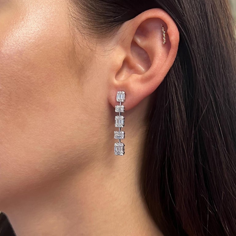 1.99Cttw Baguette and Round Cut Diamond Drop Earrings 18K White Gold ...
