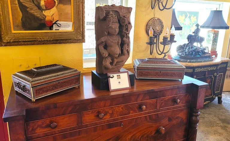 19C Anglo Indian Highly Carved Padouk Wood with Sadeli Mosaic Inlay ...