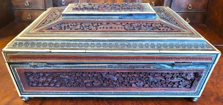 19C Anglo Indian Highly Carved Padouk Wood with Sadeli Mosaic Inlay ...