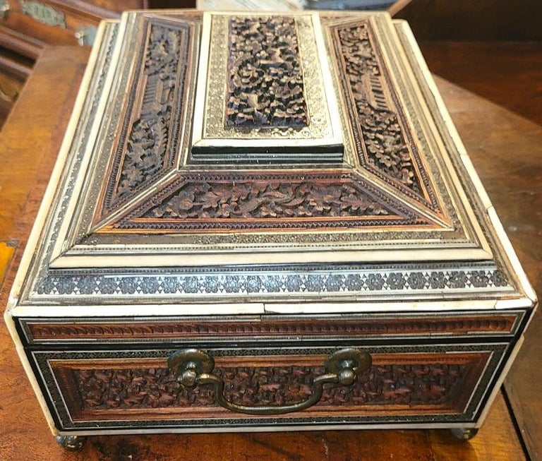 19C Anglo Indian Highly Carved Padouk Wood with Sadeli Mosaic Inlay ...