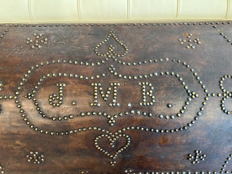 19c Leather Trunk on Stand, JMB Monogram For Sale at 1stDibs