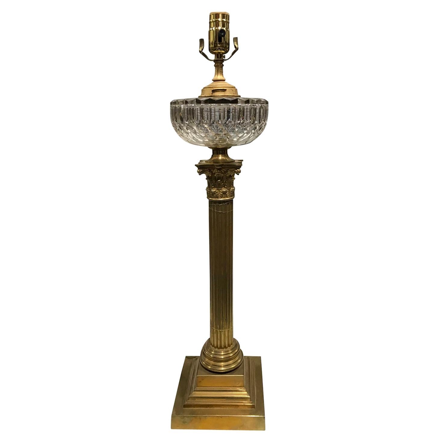 19th-20th Century Neoclassical Gilt Bronze Column Lamp with Crystal Oil ...