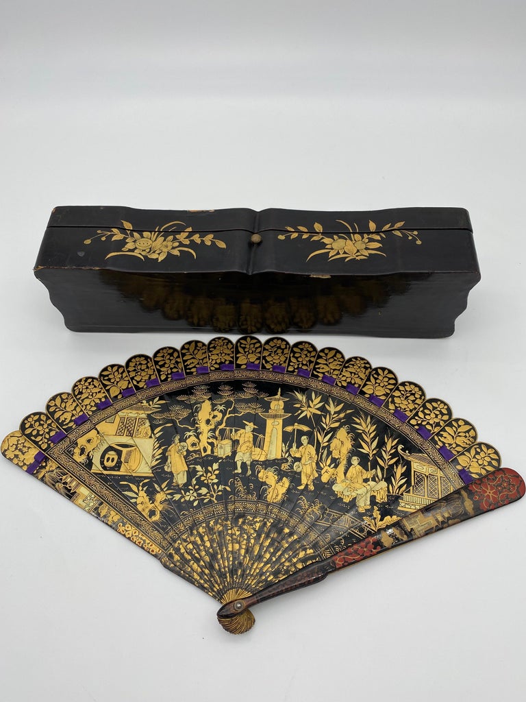 Antique Chinese Hand Painted Lacquer Scene Gilt Fan with Lacquer Box ...