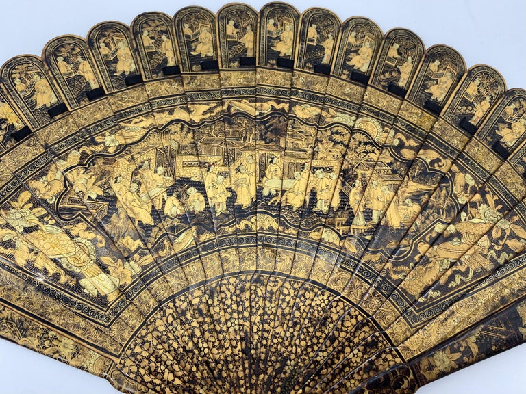 Antique Chinese Hand Painted Lacquer Scene Gilt Fan with Lacquer Box ...
