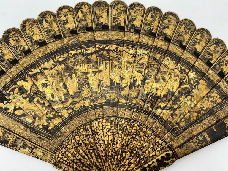 Antique Chinese Hand Painted Lacquer Scene Gilt Fan with Lacquer Box ...