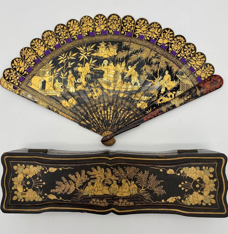 Antique Chinese Hand Painted Lacquer Scene Gilt Fan with Lacquer Box ...