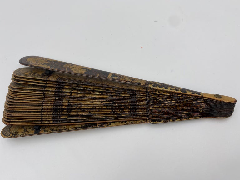 Antique Chinese Hand Painted Lacquer Scene Gilt Fan with Lacquer Box ...