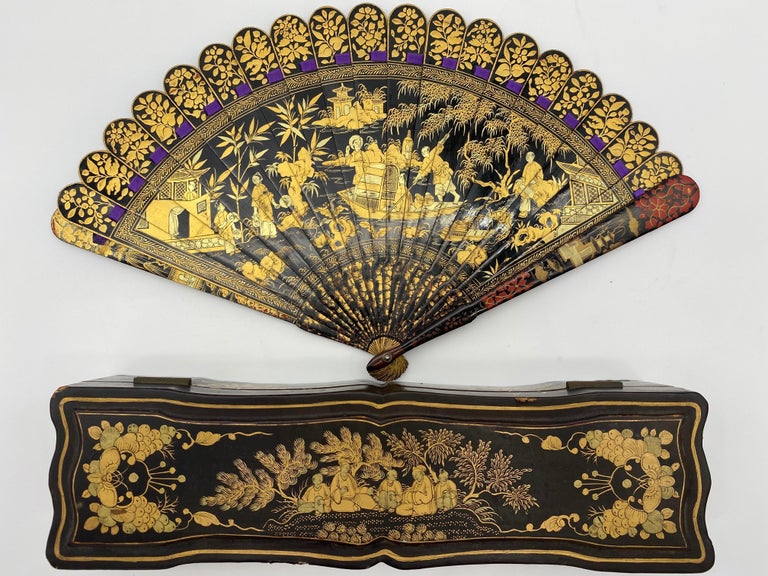 Antique Chinese Hand Painted Lacquer Scene Gilt Fan with Lacquer Box ...