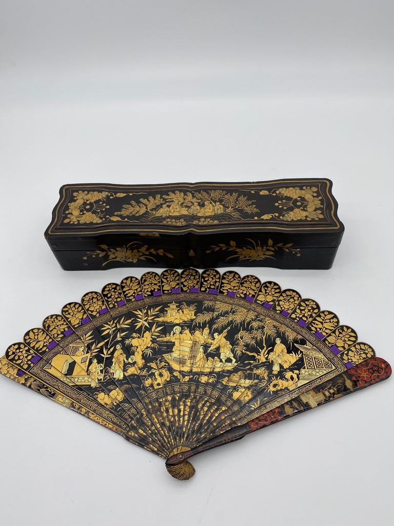 Antique Chinese Hand Painted Lacquer Scene Gilt Fan with Lacquer Box ...