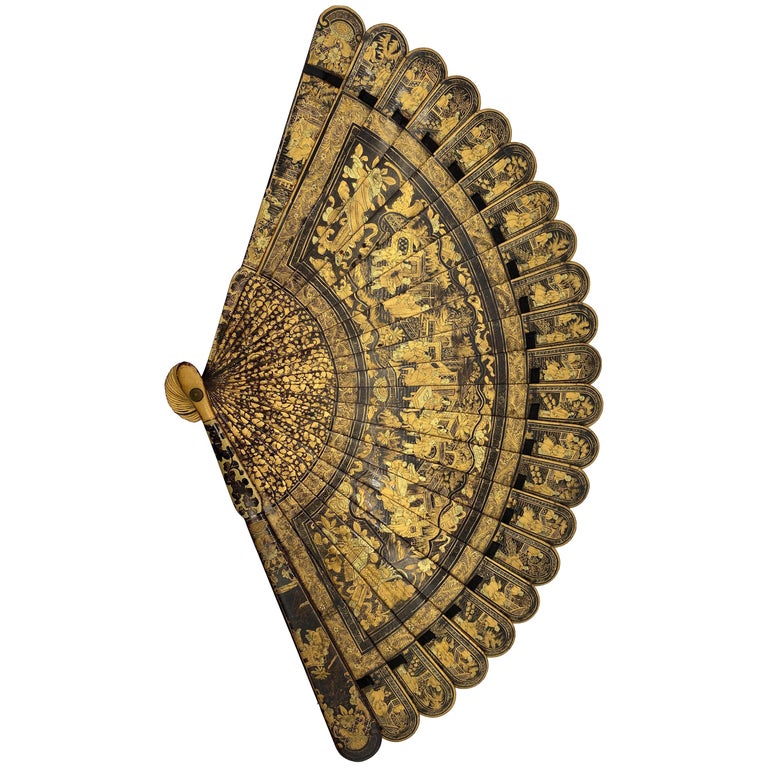 Antique Chinese Hand Painted Lacquer Scene Gilt Fan with Lacquer Box ...