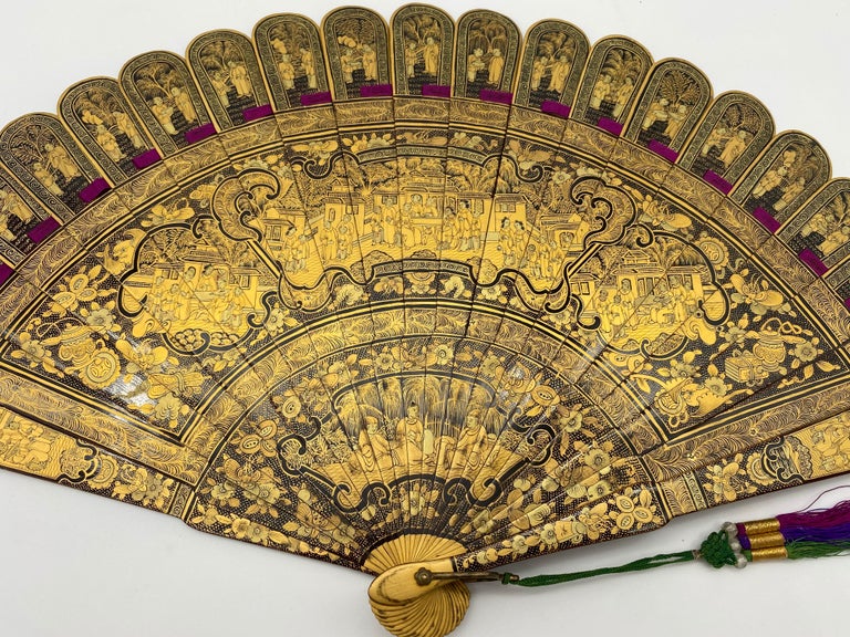 Antique Chinese Hand Paint Gold Lacquer Scene Gilt Fan with Lacquer Box ...