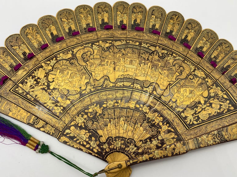 Antique Chinese Hand Paint Gold Lacquer Scene Gilt Fan with Lacquer Box ...