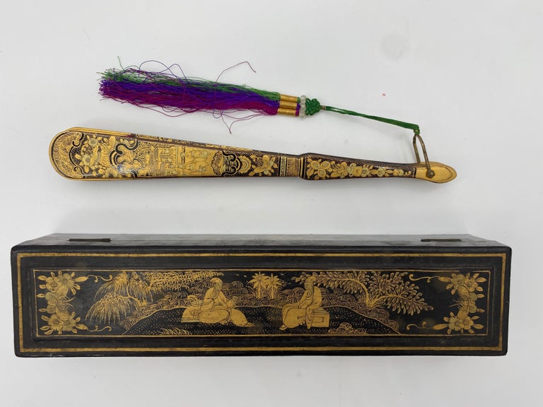 Antique Chinese Hand Paint Gold Lacquer Scene Gilt Fan with Lacquer Box ...