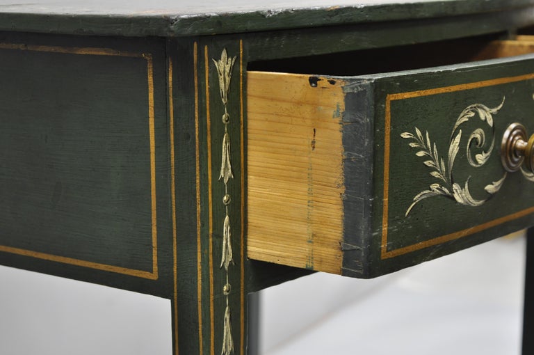 Antique Green Flower Painted Victorian 2-Drawer Demilune Hall Console ...